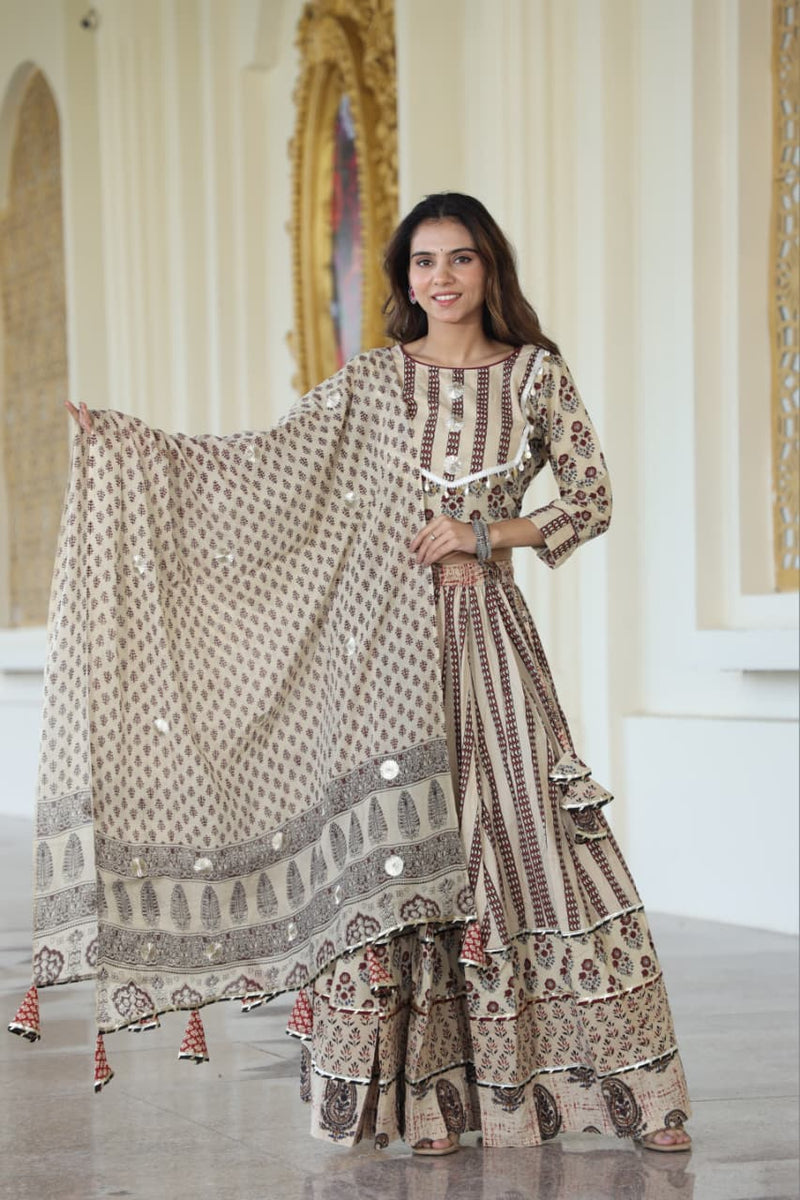 Bagru Hand Block Printed Cotton Designer Blouse & Skirt/Lehanga Set wi ...